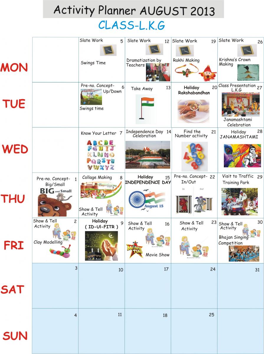August 2013 For Class LKG to V | Sachdeva Public School